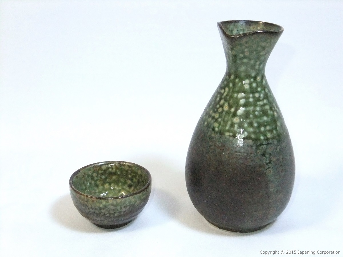 A Set of Tokkuri and Ochoko (a small matching cup) =Green & Brown ...